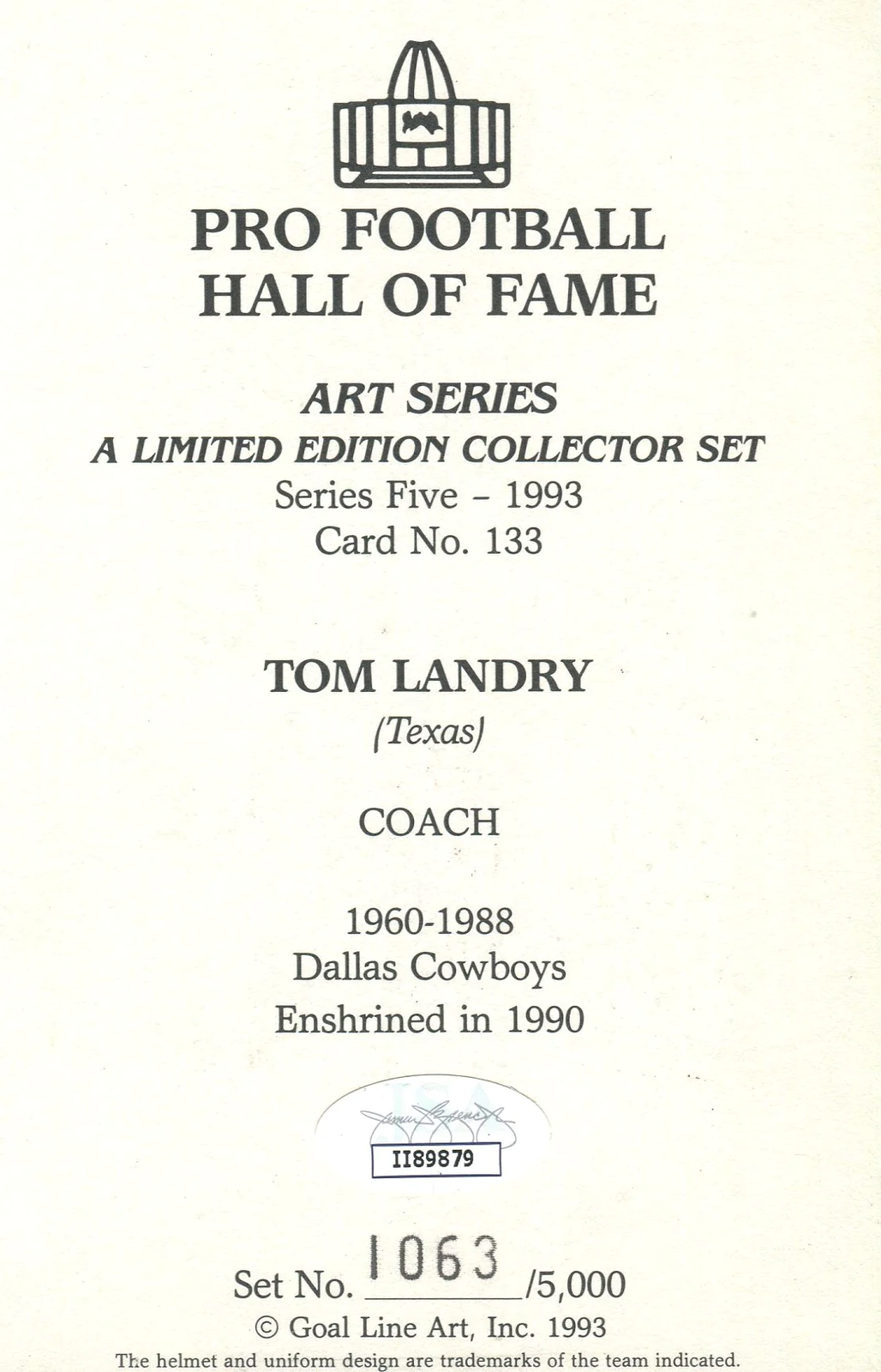 Tom Landry Autographed Goal Line Art Card (JSA) | eBay