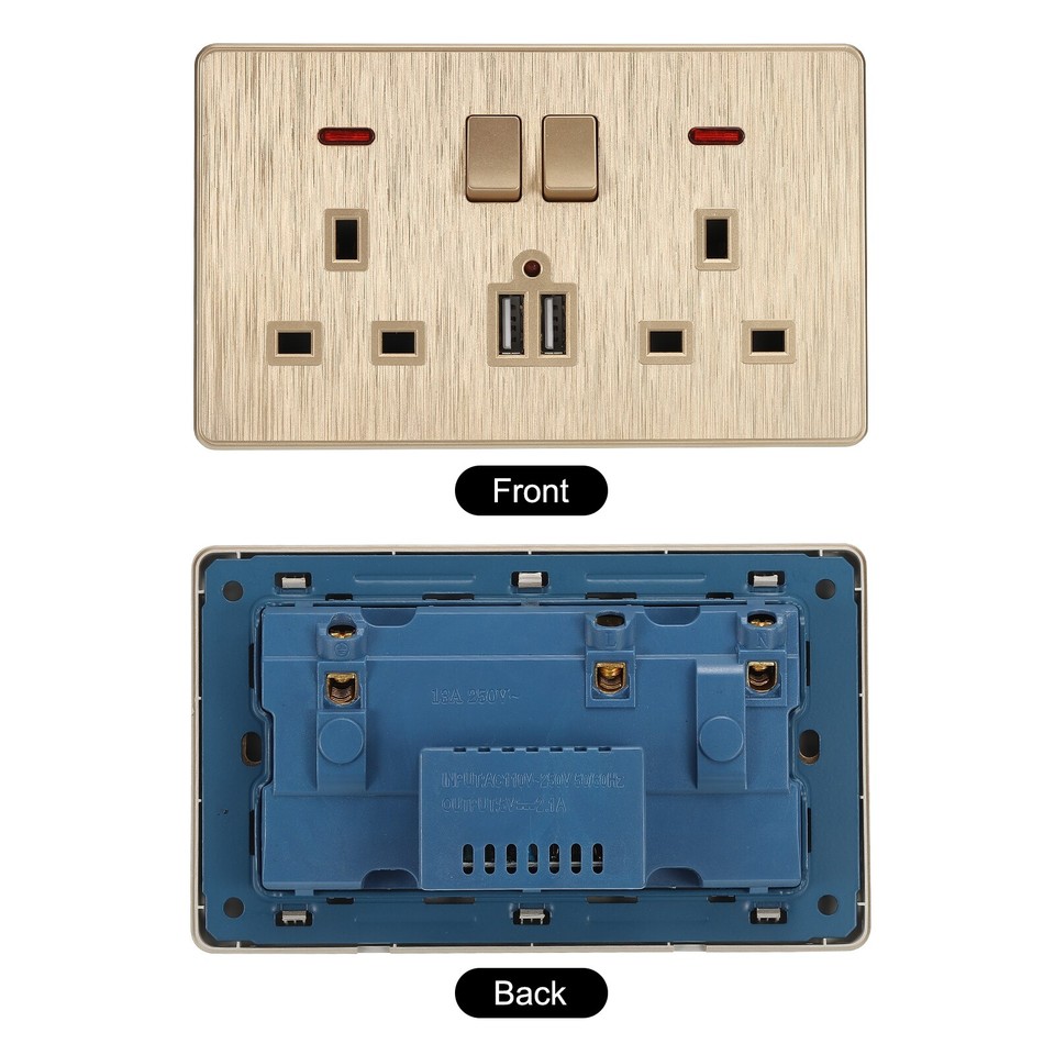 Dual UK Socket Switched Multi Power Outlet Dual USB Gold Tone 250V 13A ...
