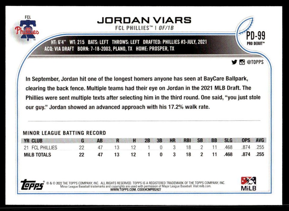 2022 Topps Pro Debut PD-99 Jordan Viars FCL Phillies Baseball Card | eBay