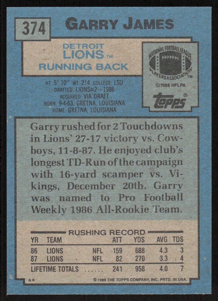 1988 Topps Football Garry James #374 Detroit Lions | eBay