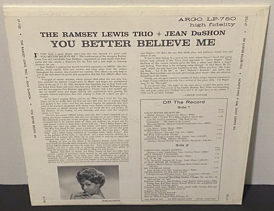 RAMSEY LEWIS TRIO + JEAN DuSHON You Better Believe Me 1965 ARGO Jazz ...