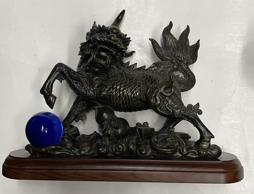 Chinese Dragon Statue Figurine with Blue Cats Eye Sphere Ball on Wooden ...