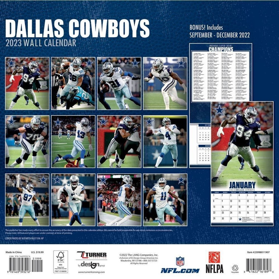 Dallas Cowboys 2023 WALL CALENDAR Official NFL NFLPA Turner New in ...