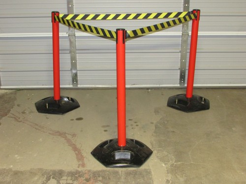 LOT of (3) TENSABARRIER RED BARRIER POSTS w/ HEAVY DUTY RUBBER BASE, 7 ...