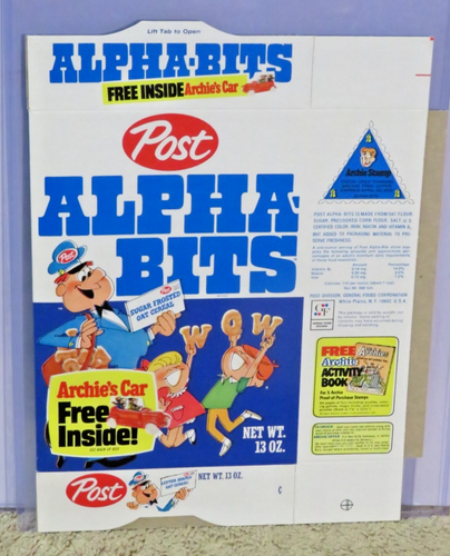 Vintage Post Archies Alpha Bits Cereal Box 1969 mint prod flat GEM RARE ...