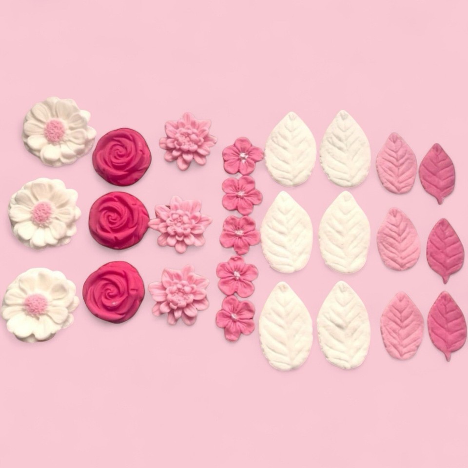 26 Edible Pink Fondant Flowers Bouquet , Sugar Cupcake Toppers, Cake ...