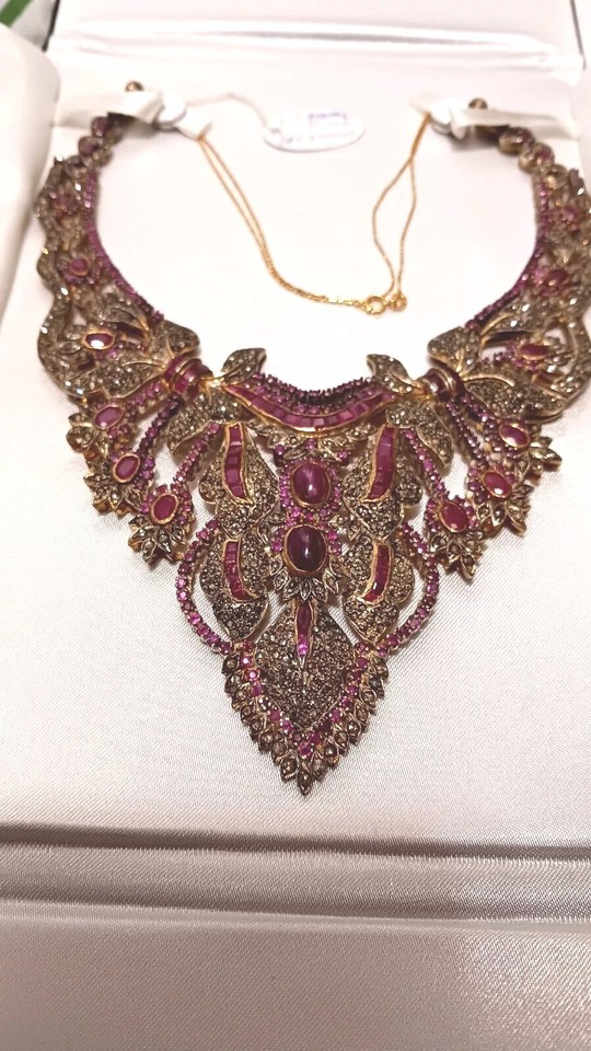 Antique Repro Victorian 925 Silver 24KGold Overlay Dia Ruby Necklace ...