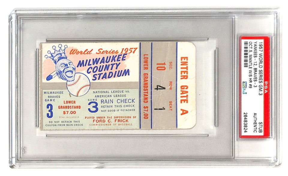 1957 World Series Game 3 Ticket Braves Yankees Mantle HR #9 PSA *3824 ...