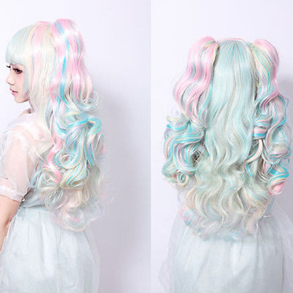 Women's Light Blue Pink Hair Role Play Party Wig Curly Hair | eBay