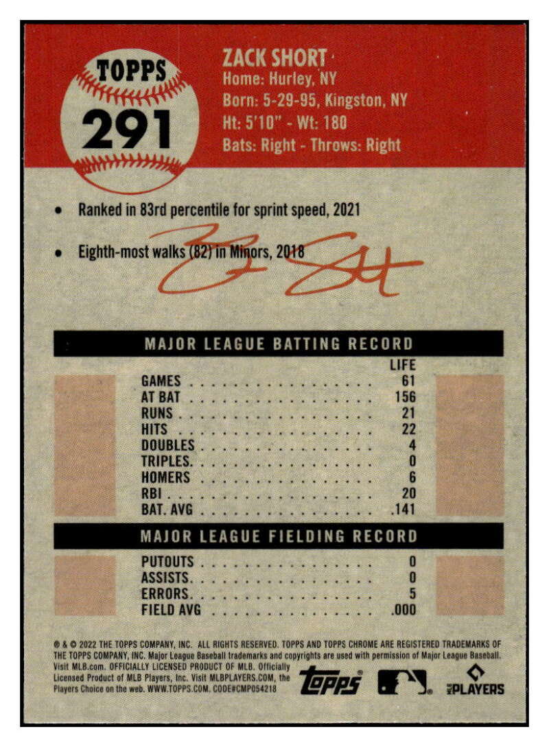 ZACK SHORT RC 2022 Topps Chrome Platinum Anniversary #291 ROOKIE MLB Ti ...