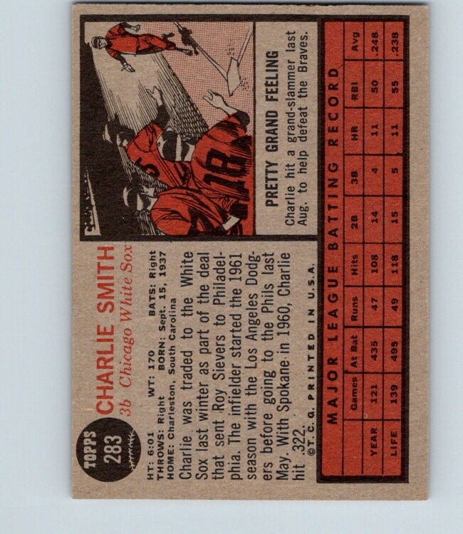 1962 TOPPS BASEBALL #283 CHARLIE SMITH NRMT ID | eBay