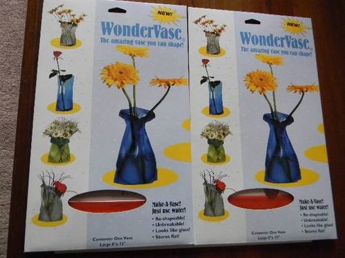 Two WONDERVASE Flower VASES Reshapable RED Large 8x13 Re-Use GLASS LOOK ...