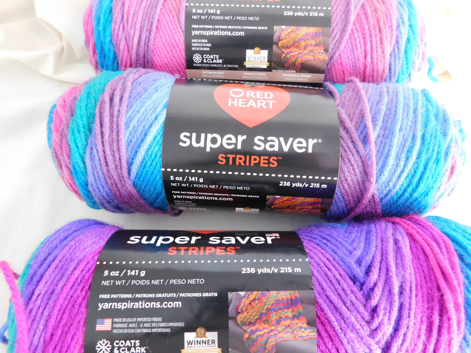 Red Heart Super Saver Stripes Polo Stripe lot of 3 Dye Lot mixed 5 Oz ...