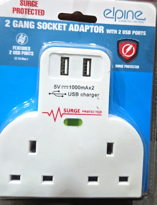 2 Way/Gang Cable-Free Socket Adaptor with 2x USB Charge Surge Protected ...