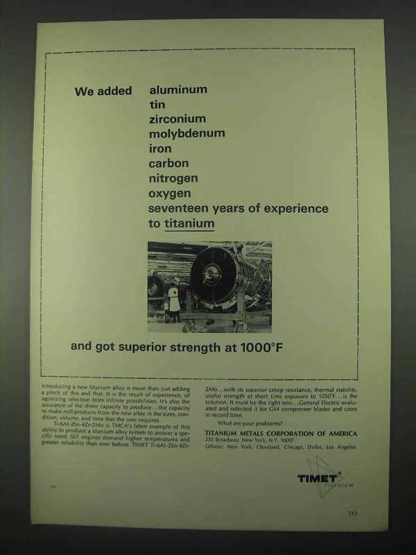 1967 Timet Ti-6Al-2Sn-4Zr-2Mo Titanium Alloy System Ad | eBay