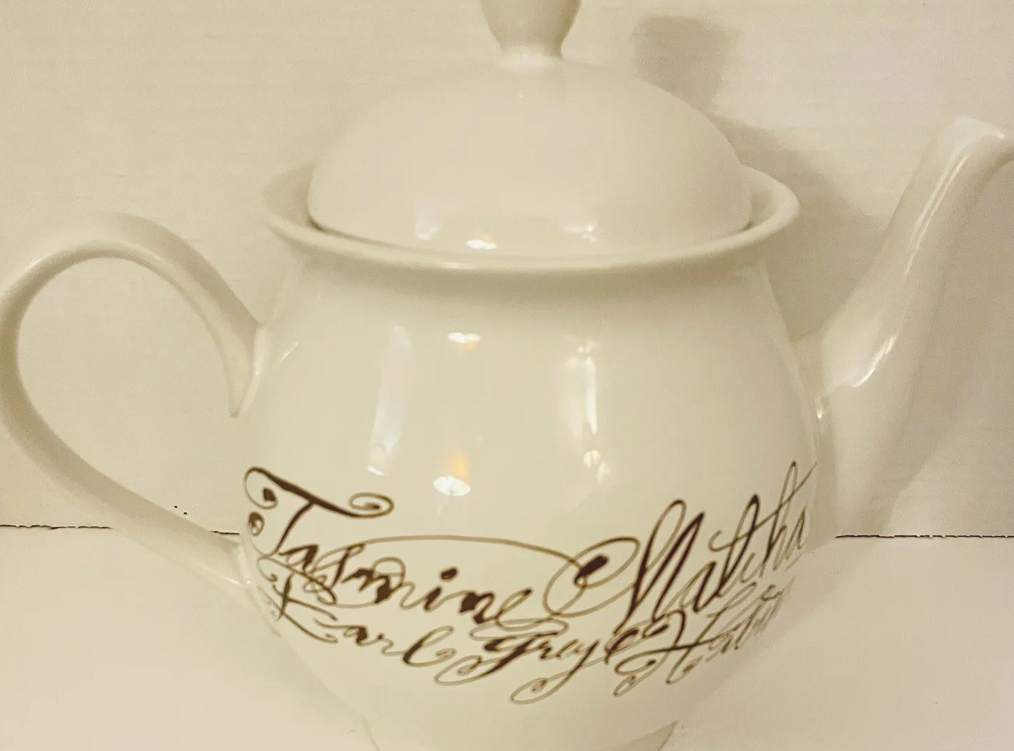 Rosanna White Teapot Brown Drizzle Cursive Script Oolong Ginger Matcha ...