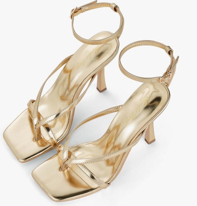 Elisabet Tang Metallic Gold Square Toe Strappy 4.3” Stiletto Heel ...