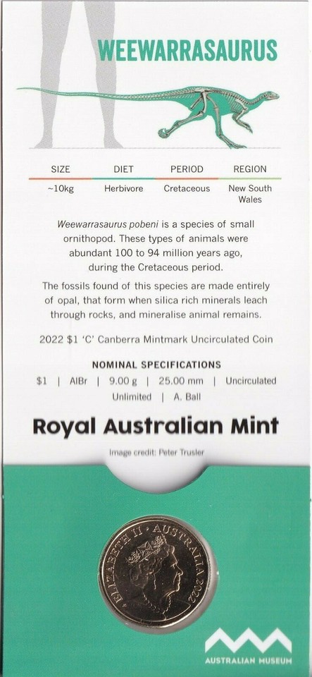 AUSTRALIA: 2022 $1 DINOSAURS WEEWARRASAURUS C MINTMARK COIN ON CARD ...