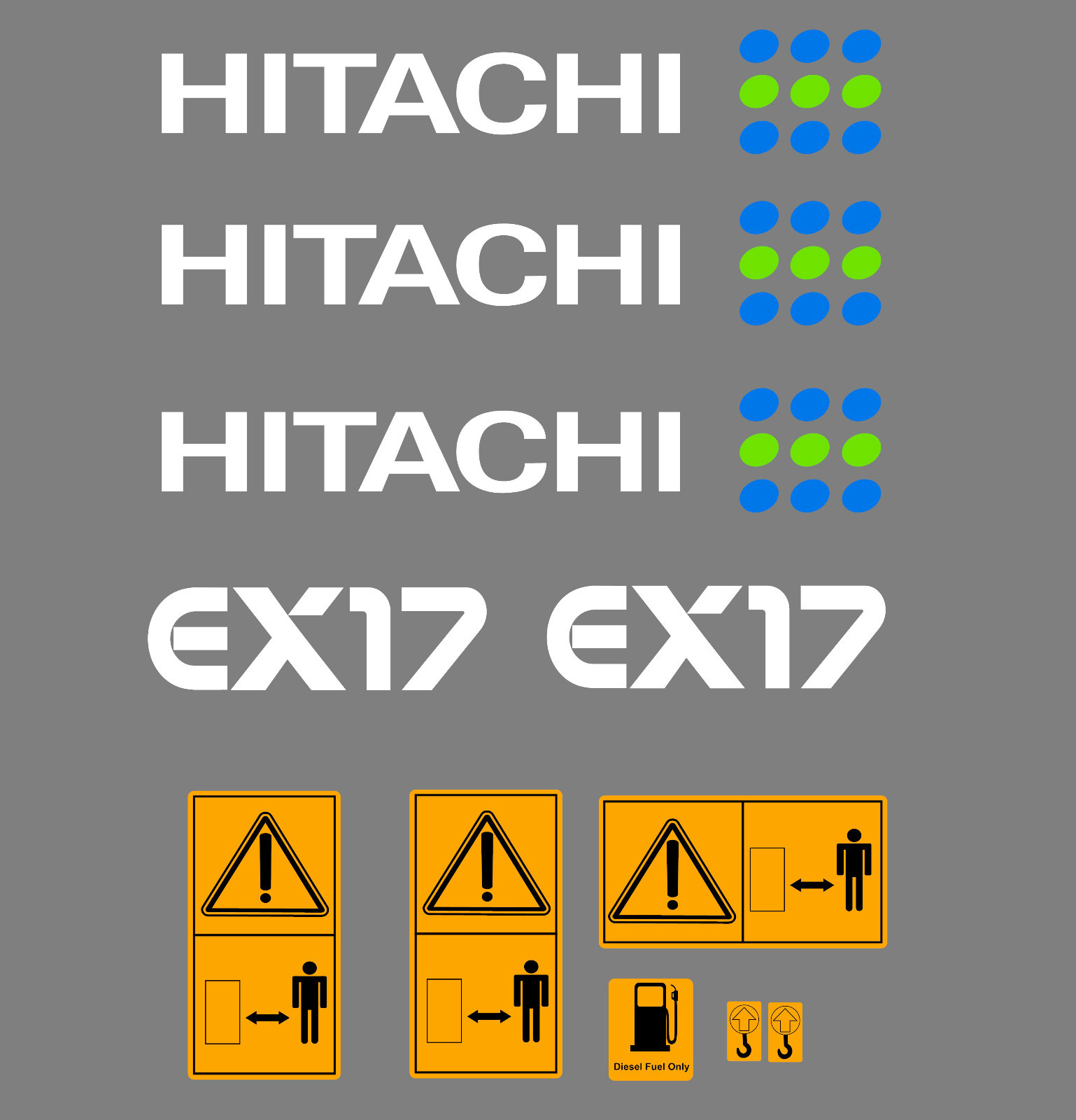 HITACHI EX17 MINI DIGGER DECAL SET WITH SAFETY WARNING SIGNS | eBay