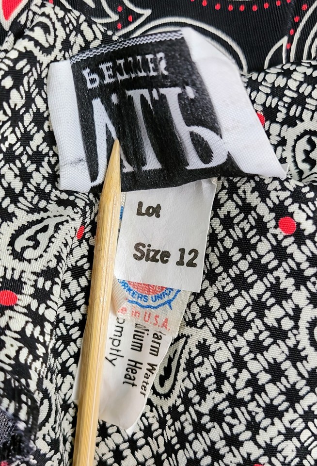 Vtg VLP Petites Cream & Black Patterned Dress w Red Acc & Border Trim ...