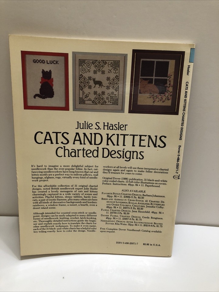 Vtg 80s Cats Kittens Charted Designs Book Julie Hasler Dover Needlework ...