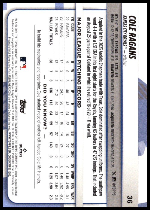 2024 Cole Ragans Topps Big League BASEBALL #36 Kansas City Royals | eBay