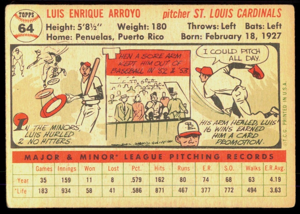 1956 PR - Crease Luis Arroyo St. Louis Cardinals #64 | eBay