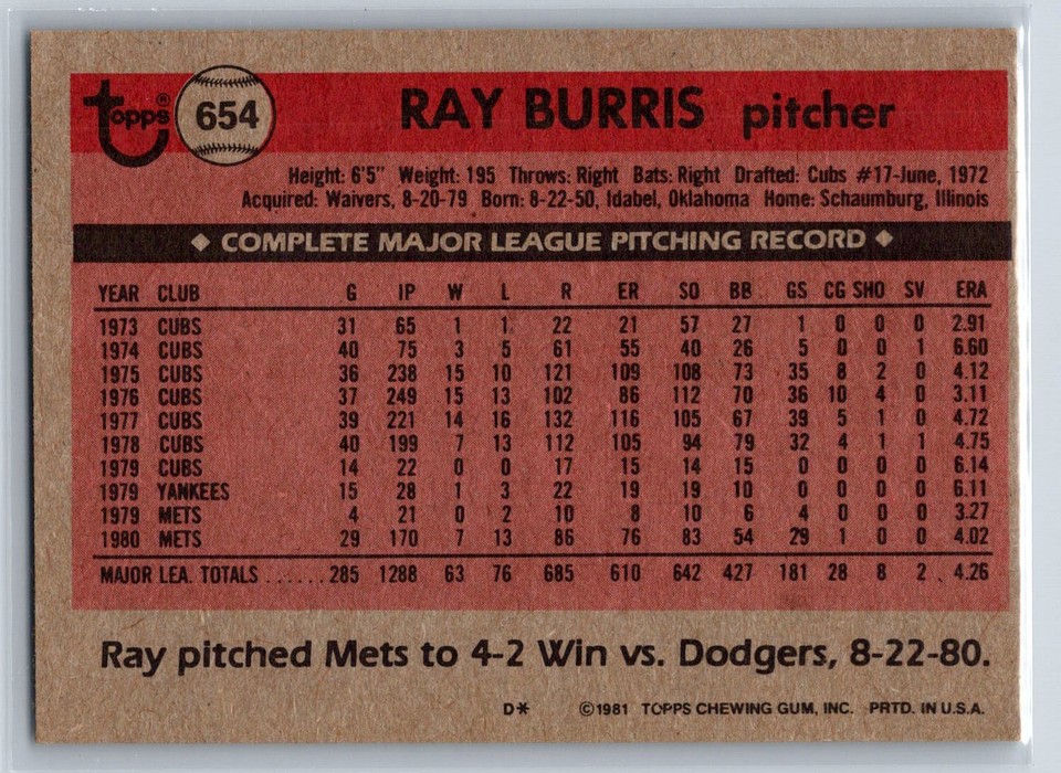 1981 Topps #654 Ray Burris New York Mets | eBay