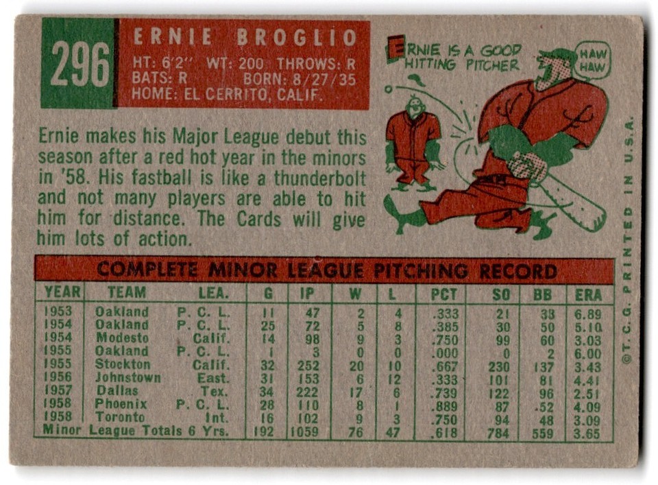 1959 Topps Ernie Broglio RC St. Louis Cardinals #296 | eBay
