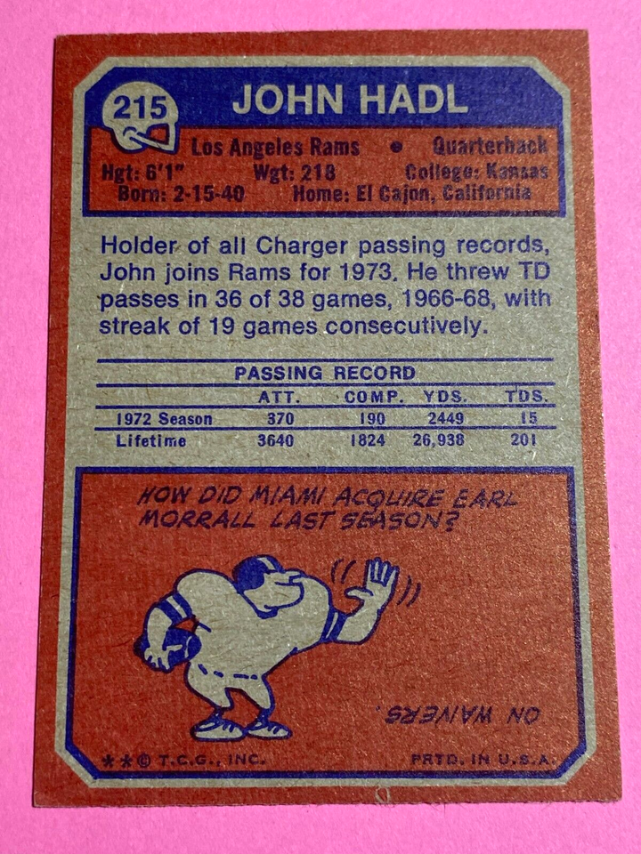 John Hadl Los Angeles Rams, QB, 1973 Topps #215, EXCELLENT, HOF-COLLEGE ...