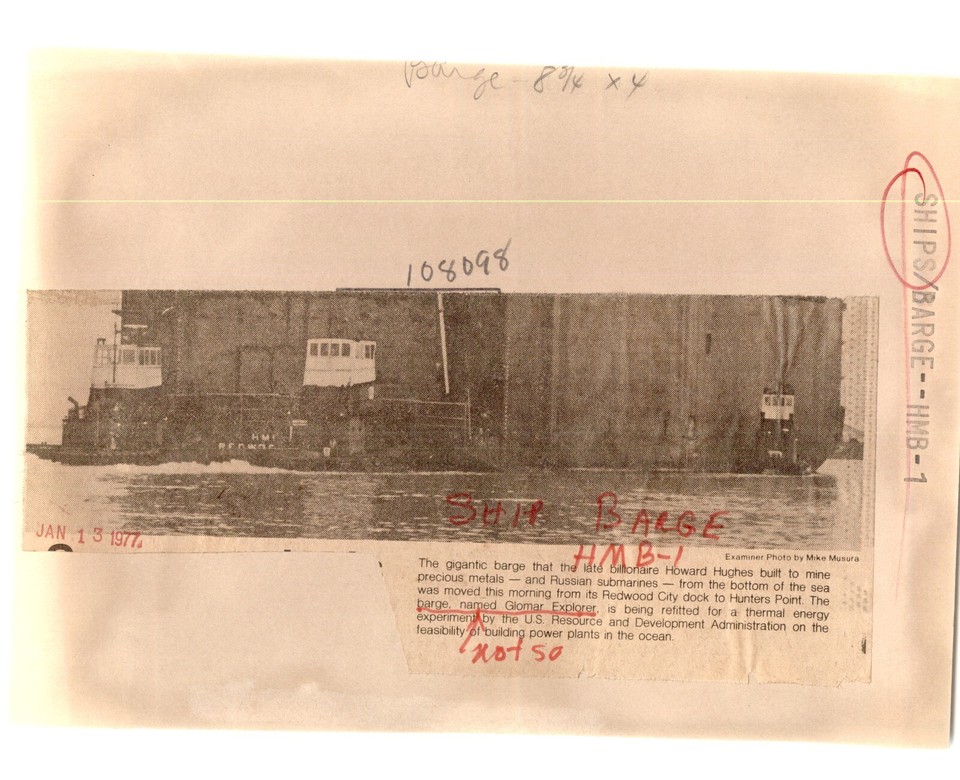 TUGBOATS Move Project Azorian's Hughes Mining Barge, HMB-1 1977 Press ...