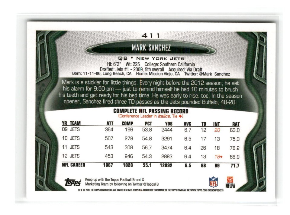 2013 Topps - #411 - Mark Sanchez - New York Jets | eBay