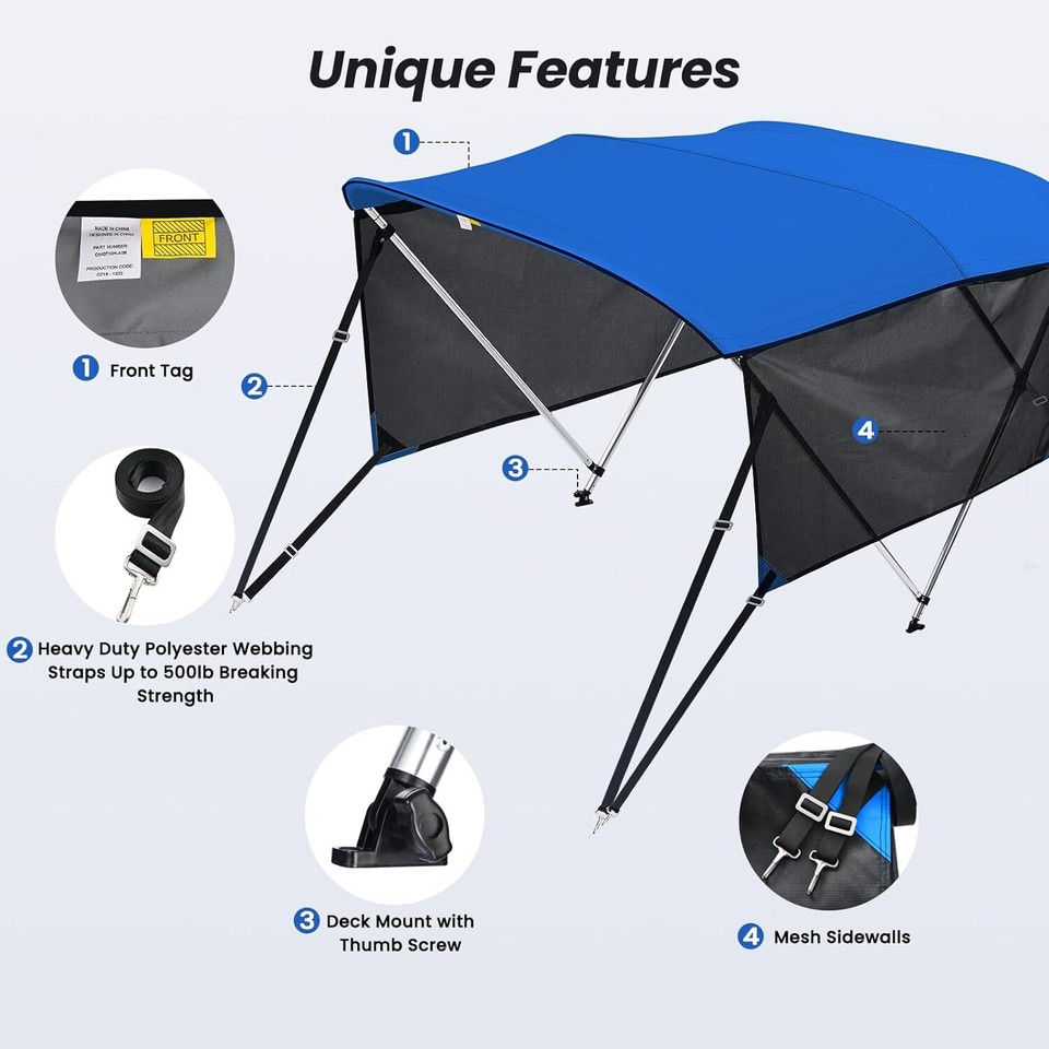 750D Bimini Top 3 Bow / 4 Bow Canopy Boat Cover 6ft / 8ft Long With ...
