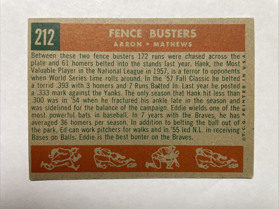 1959 Topps #212 - Fence Busters: Hank Aaron, Eddie Mathews | eBay