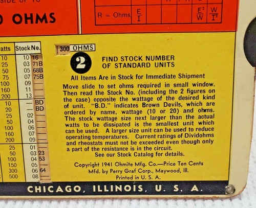 1941 OHMITE MFG CO Illinois Ohm's Law Calculator Cardboard Slide Rule ...