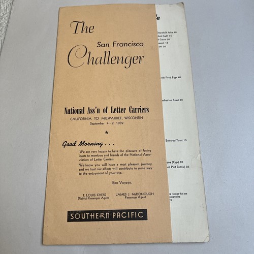 1939 Menu The Challenger San Francisco Southern Pacific RR Letter ...
