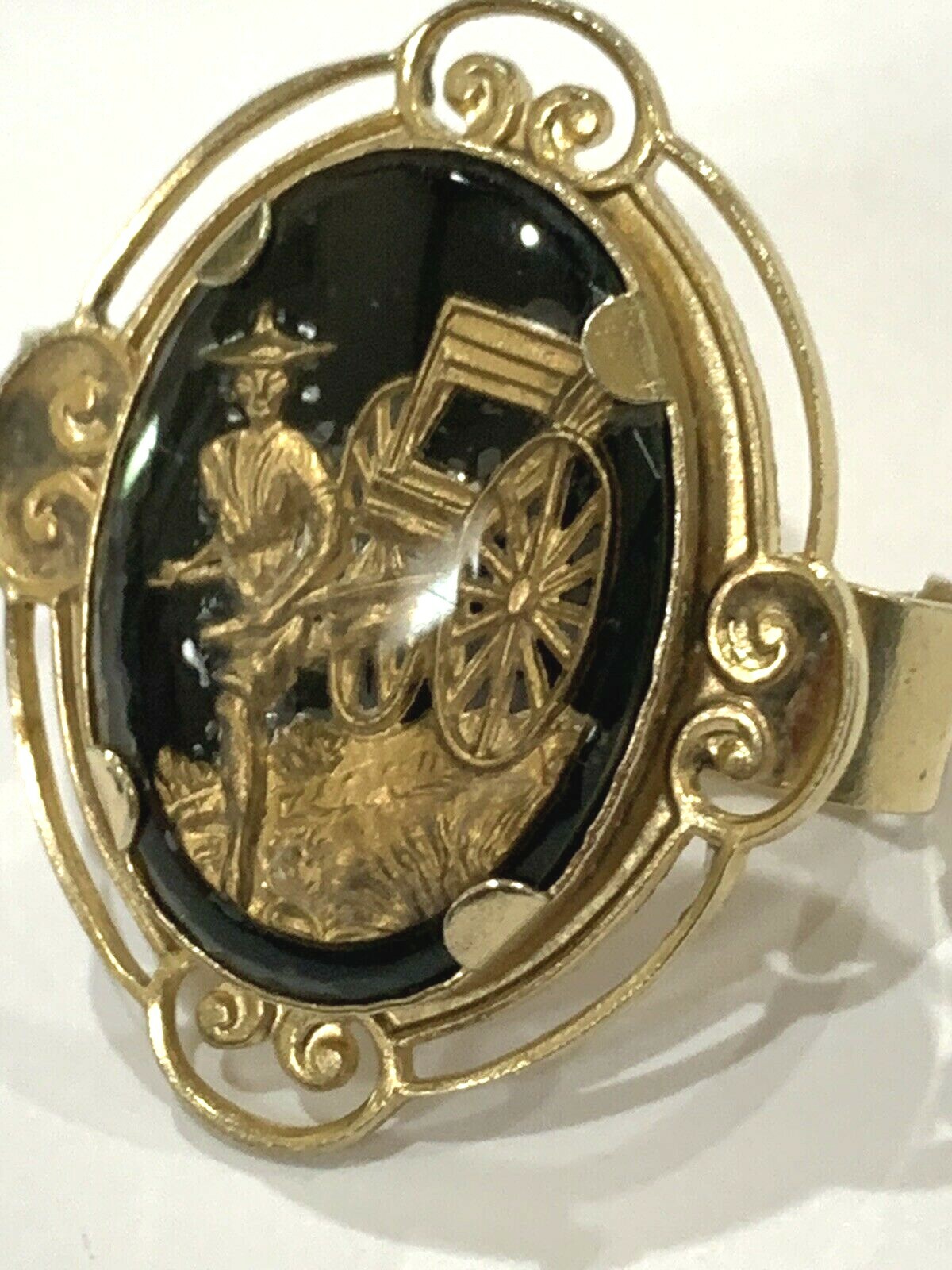 Vintage Hinged Scarf Clip Resin Encased Rickshaw Asian Gold Black Oval ...