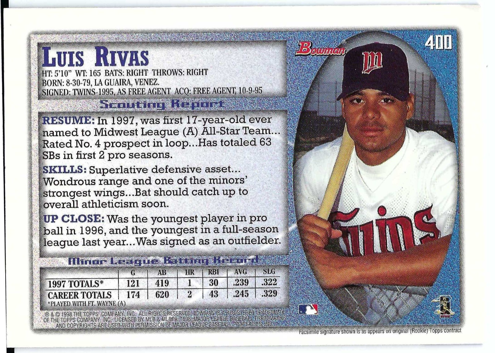 Luis Rivas Minnesota Twins 1998 Topps #400 Bowman Rookie Baseball Card ...