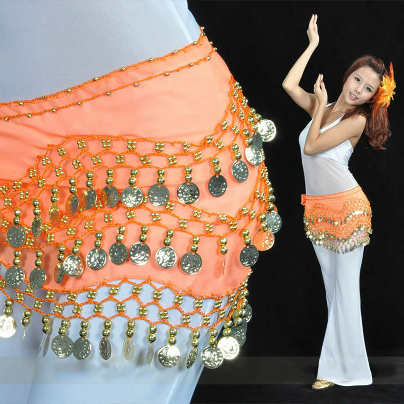 3 Rows 128 Gold Coins Belly Dance Costume Hip Scarf Skirt Belt Wrap ...