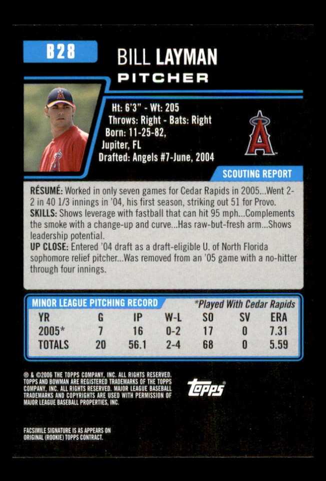 2006 Baseball Bowman Bill Layman Los Angeles Angels #B28 Prospect | eBay
