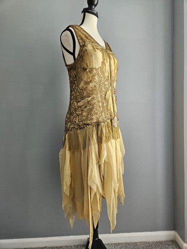 Antique 1920's Distressed Handmade Beaded Flapper Dress Gold Color | eBay