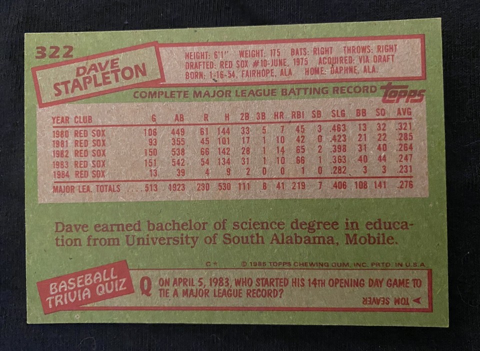1985 Topps - #322 Dave Stapleton | eBay