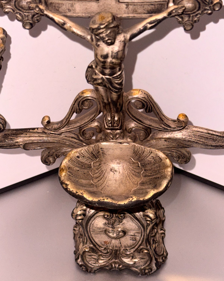 ANTIQUE 1800's HEAVY SILVER METAL CATHOLIC CRUCIFIX CANDELABRA HOLY ...