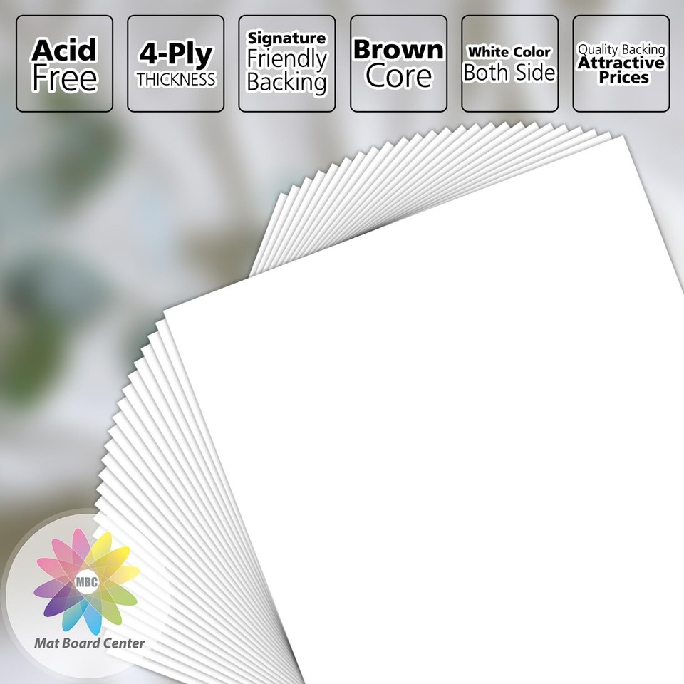 Mat Board Center Pack of 25 8x8 White Backing Boards 4-Ply Thickness ...