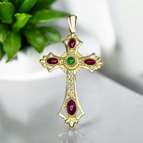 Vintage 14k Yellow Gold Natural Cabochon Green Emerald Red Ruby Cross ...