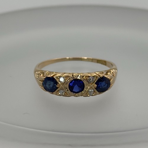 Gold Sapphire Diamond Ring 18ct Yellow Gold Three Stone Size Q 2.96g ...