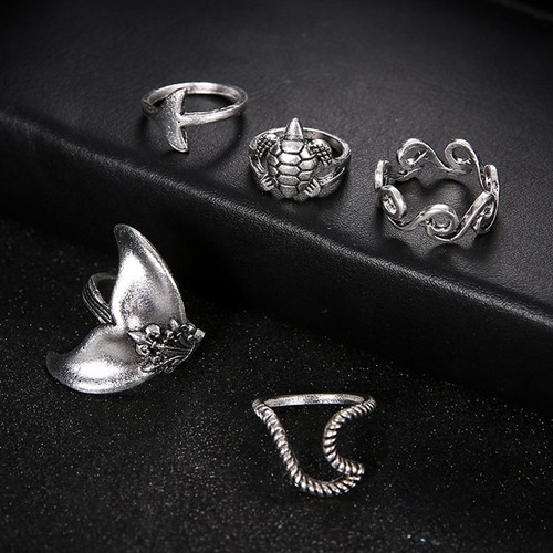 5PCS Vintage Jewelry set Charm Whale Tail Waves/Turtle Rings Set Finger ...