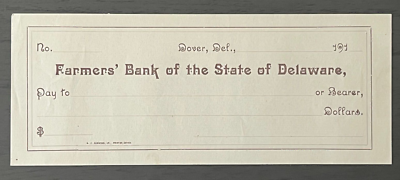 1910 Dover Delaware Bank Check Farmers Bank of the State of Delaware ...
