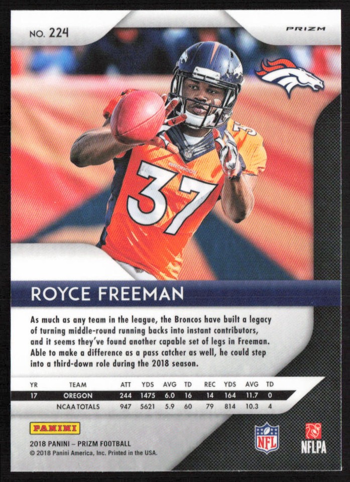 2018 Panini Prizm Royce Freeman Red White Blue Rookie RC #224 Denver ...