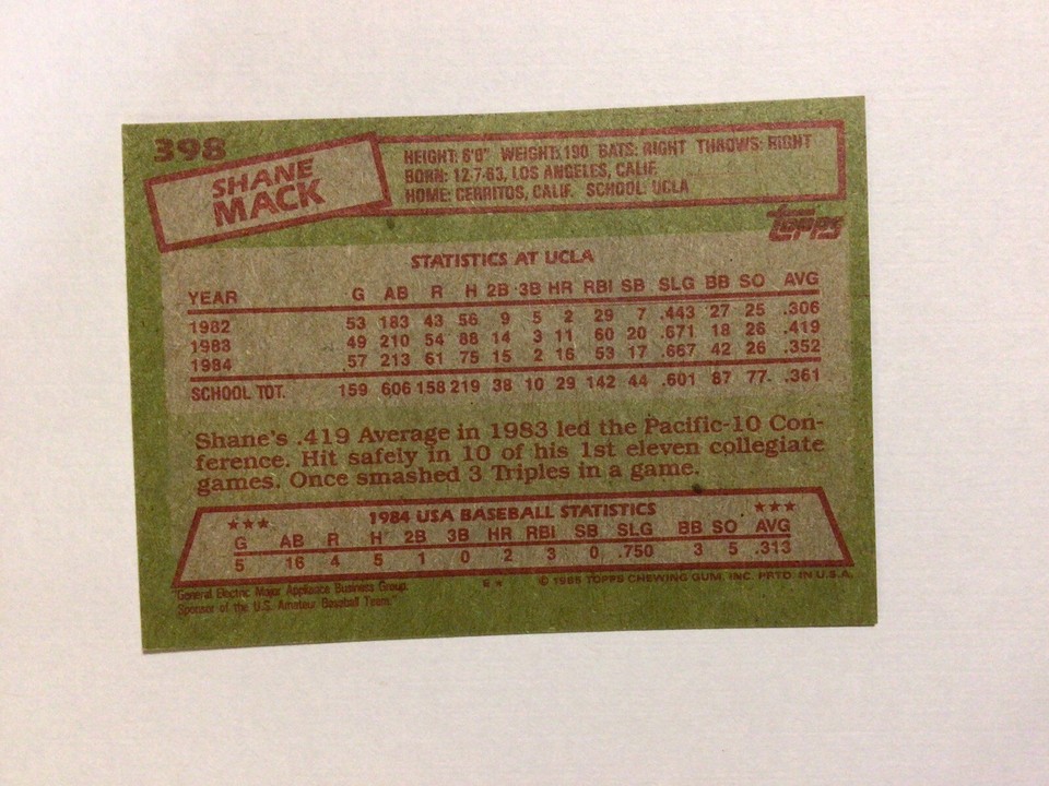 1985 TOPPS United States Baseball Team Shane Mack CARD #398 | eBay